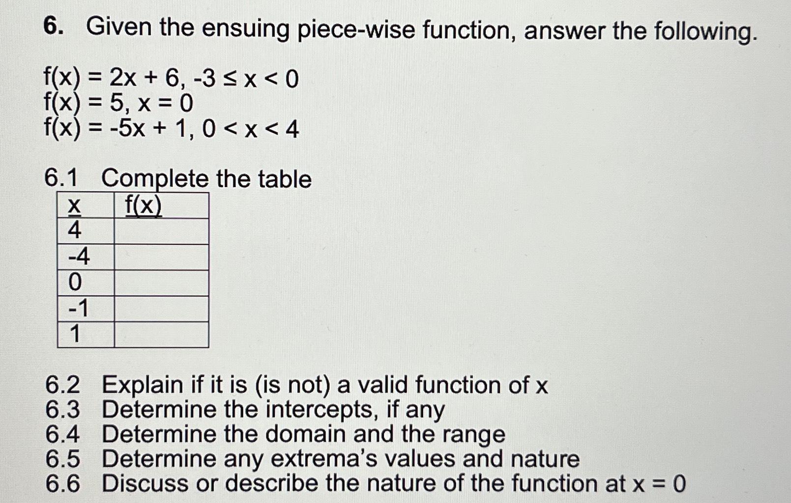Solved Given the ensuing piece-wise function, answer the | Chegg.com