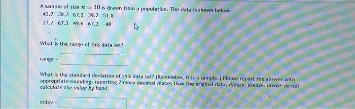 Solved A sample of size n = = 10 is drawn from a population. | Chegg.com
