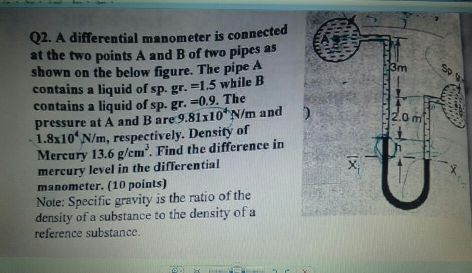 Solved Q2. A differential manometer is connected at the two | Chegg.com
