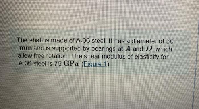 Solved The shaft is made of A-36 steel. It has a diameter of | Chegg.com