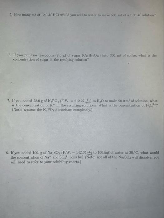 Solved 5. How many me of 12.0M HCl would you add to water to | Chegg.com
