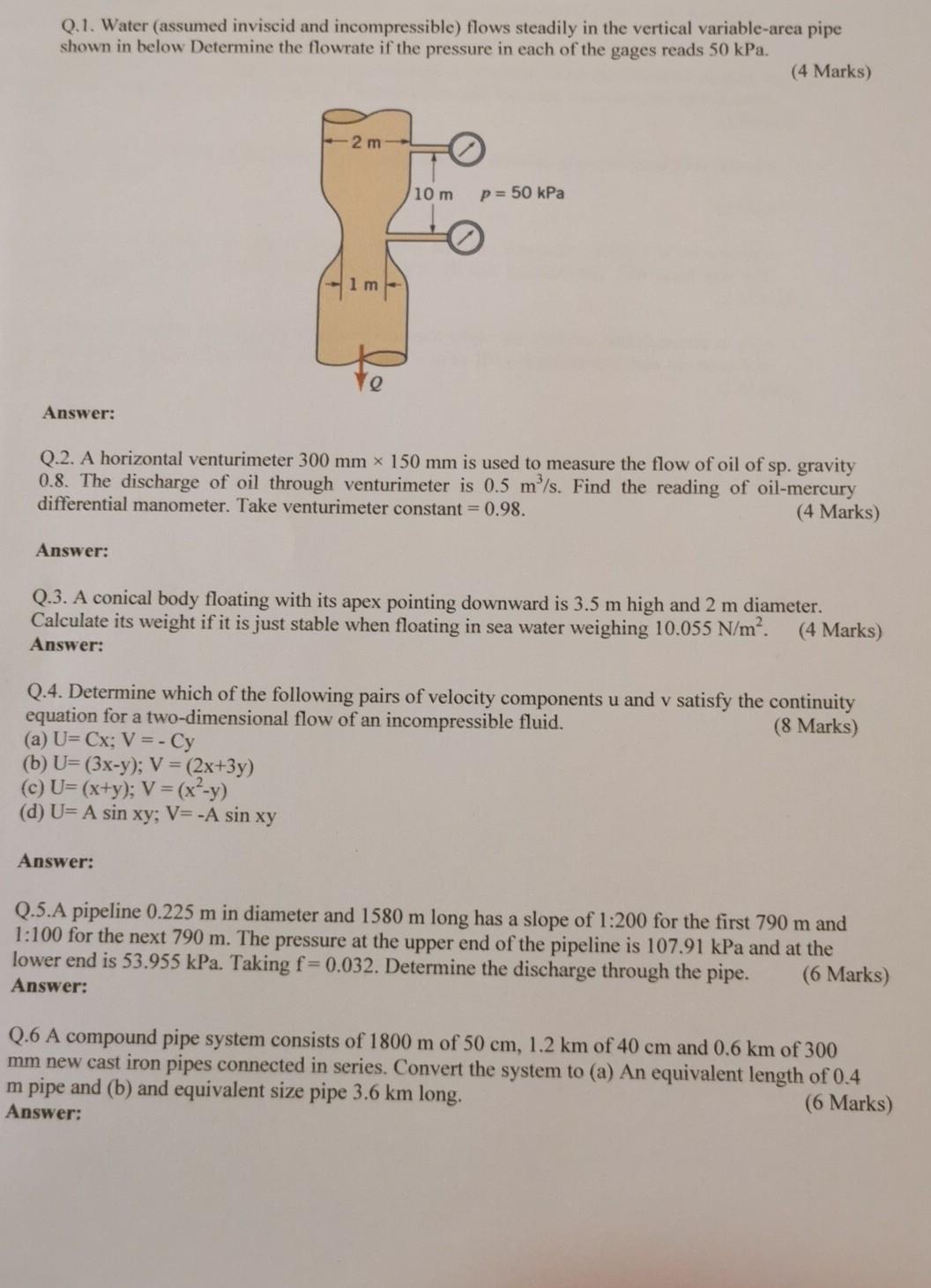 Solved Q.1. Water (assumed inviscid and incompressible) | Chegg.com