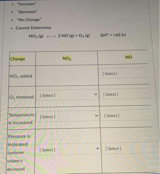 Solved . "increase" "decrease" . "No Change" • Cannot | Chegg.com