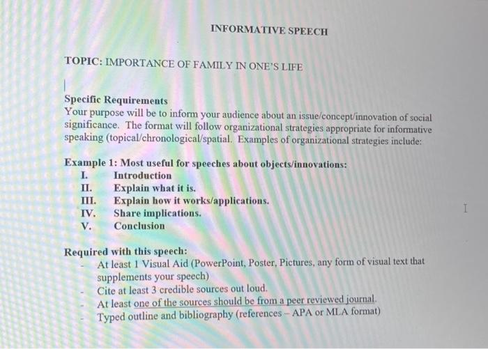 Solved INFORMATIVE SPEECH TOPIC: IMPORTANCE OF FAMILY IN | Chegg.com