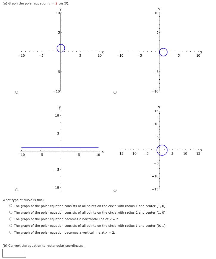 Solved (a) ﻿Graph the polar equation r = 2 ﻿cos(𝜃). (a) | Chegg.com