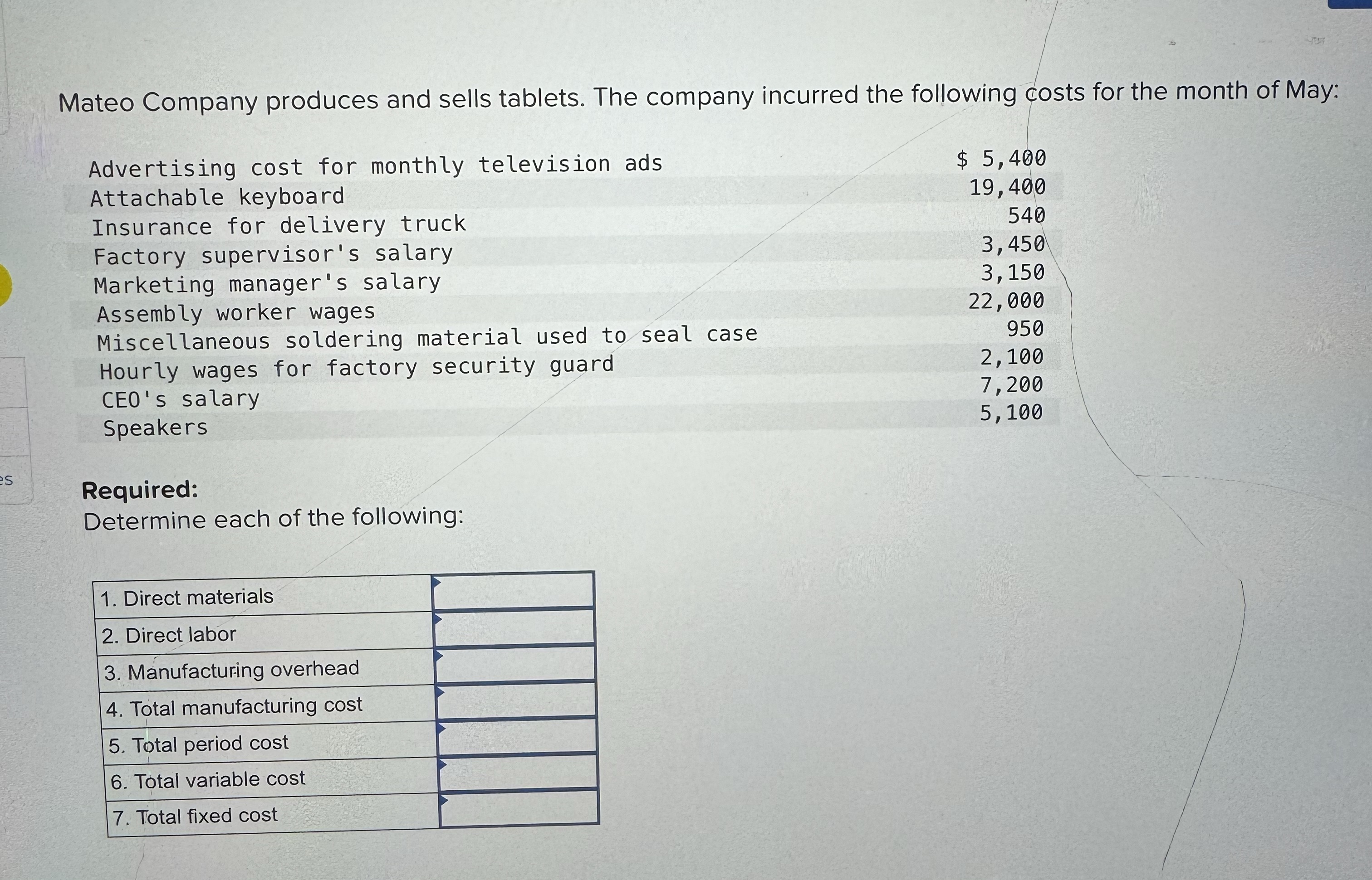 Solved Mateo Company produces and sells tablets. The company | Chegg.com