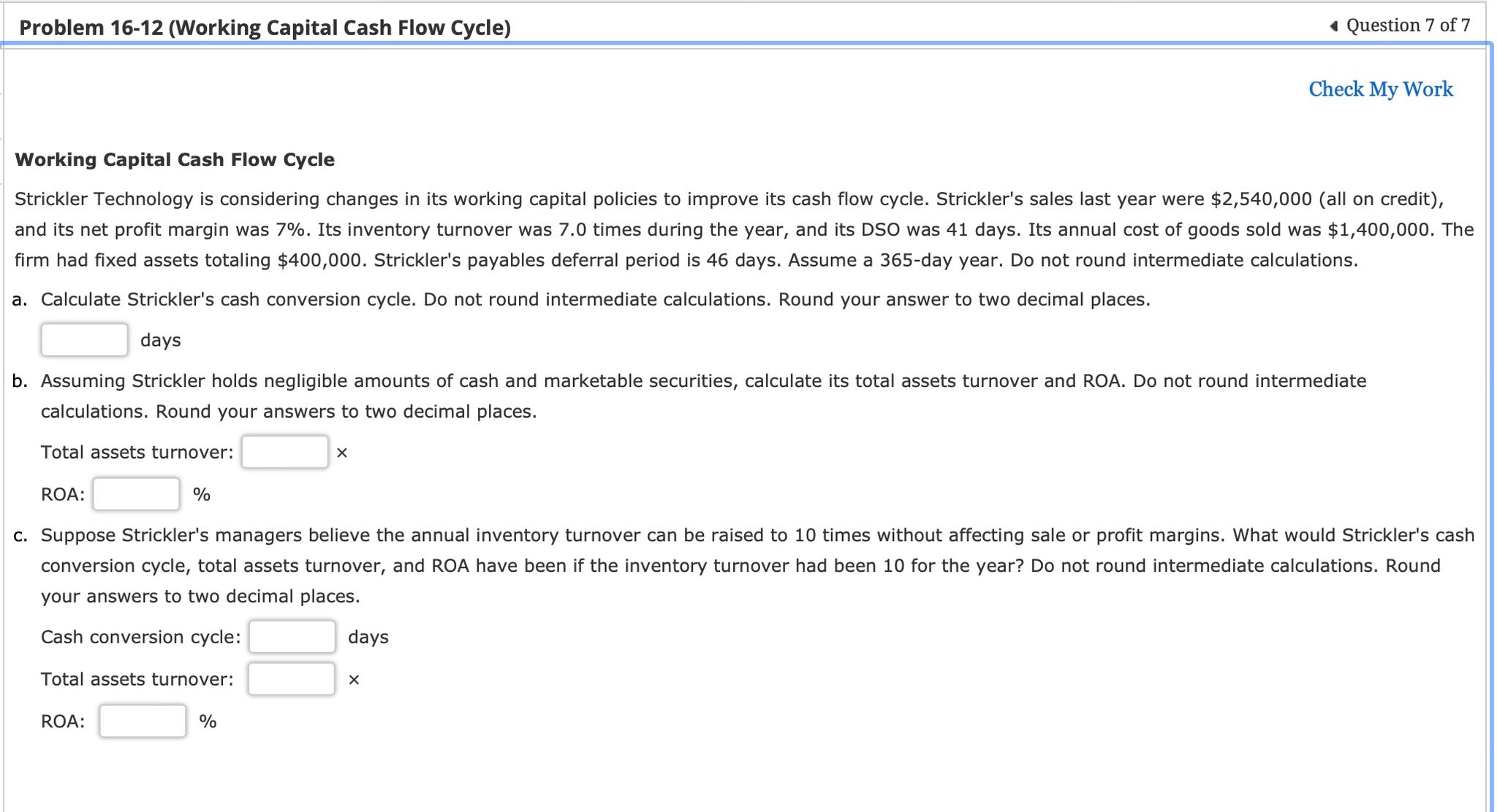 Solved Working Capital Cash Flow CycleStrickler Technology | Chegg.com