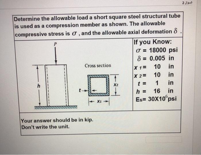 Solved السؤال 2 Determine the allowable load a short square | Chegg.com