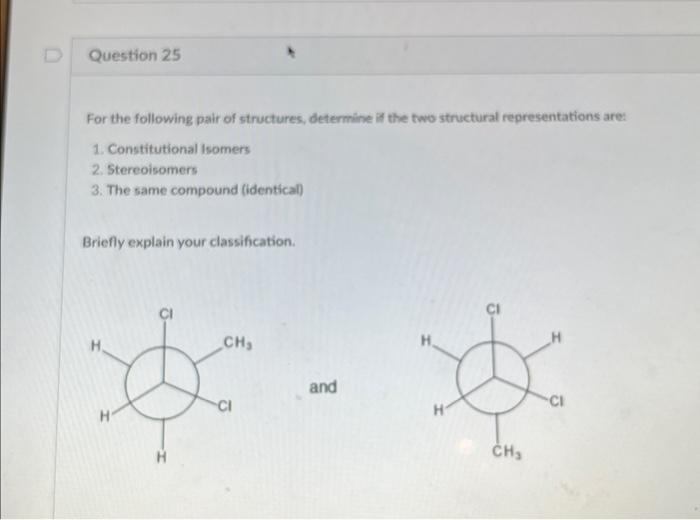 Solved For the following pair of structures, determine if | Chegg.com