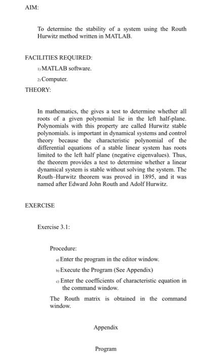 Solved AIM: To determine the stability of a system using the | Chegg.com
