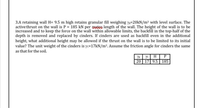Solved 3.A retaining wall H= 9.5 m high retains granular | Chegg.com