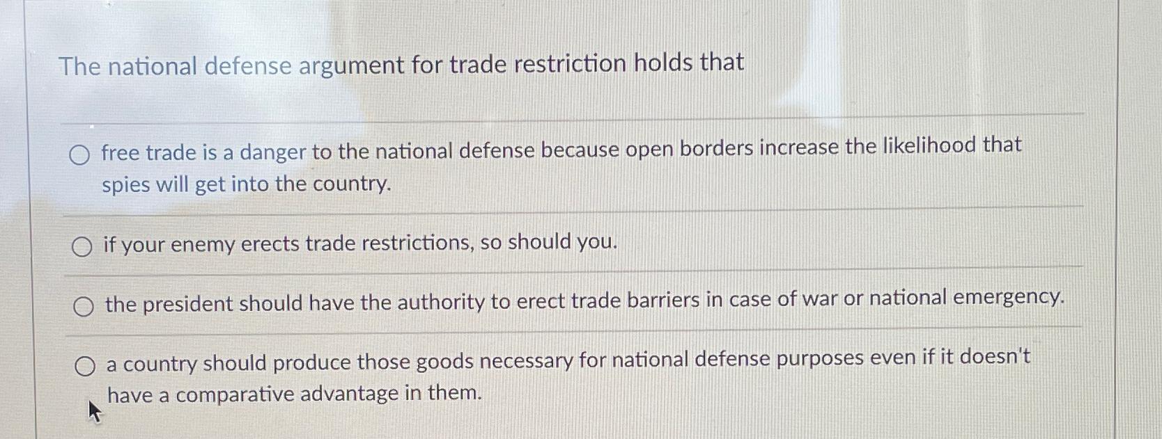 Solved The national defense argument for trade restriction | Chegg.com