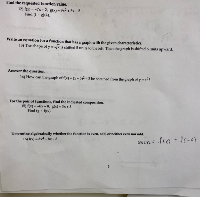 Solved Find the requested function value. 12) f(x) = -7x + | Chegg.com