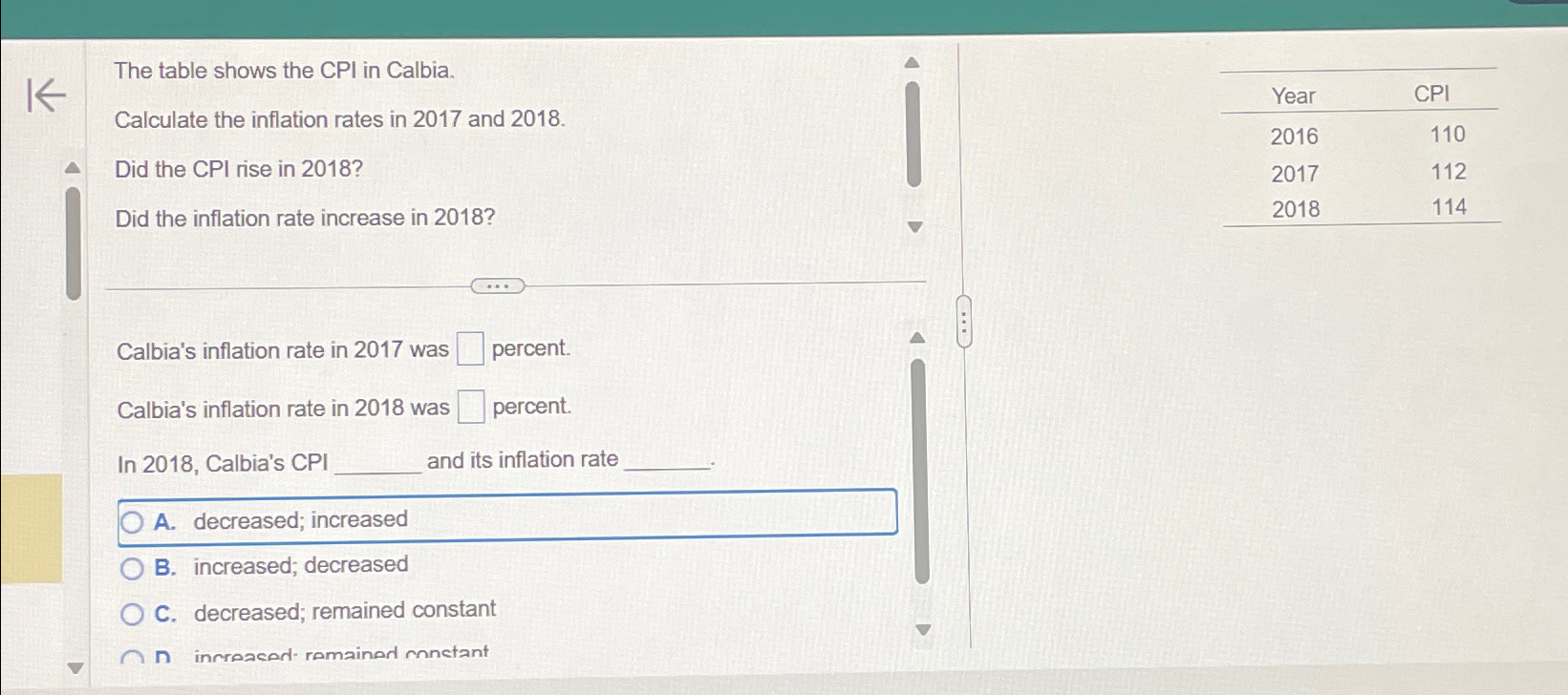 Solved The table shows the CPI in Calbia.Calculate the | Chegg.com