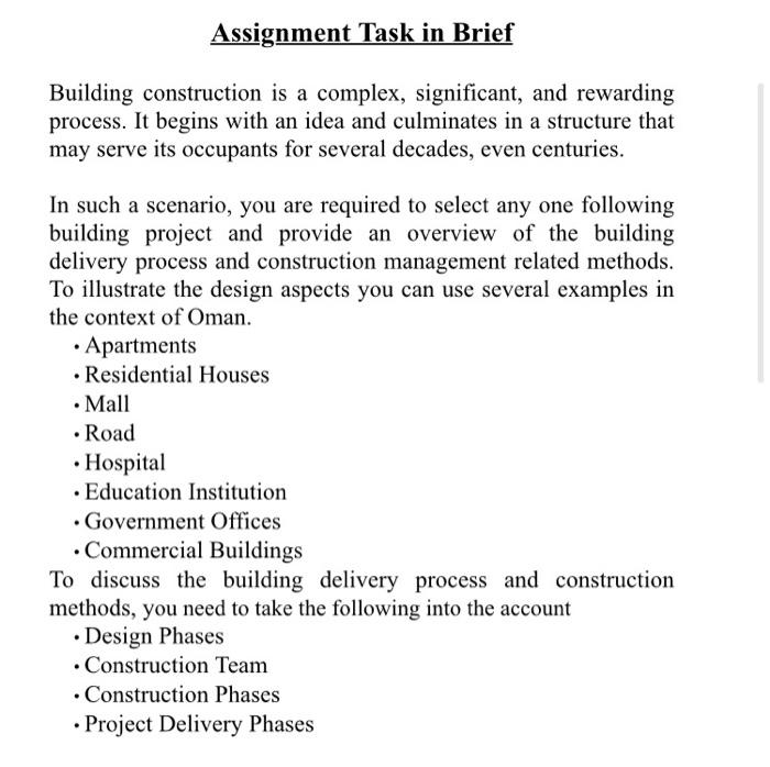 Solved Assignment Task in Brief Building construction is a | Chegg.com