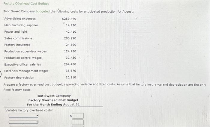 Solved Factory Overhead Cost Budget Toot Sweet Company | Chegg.com