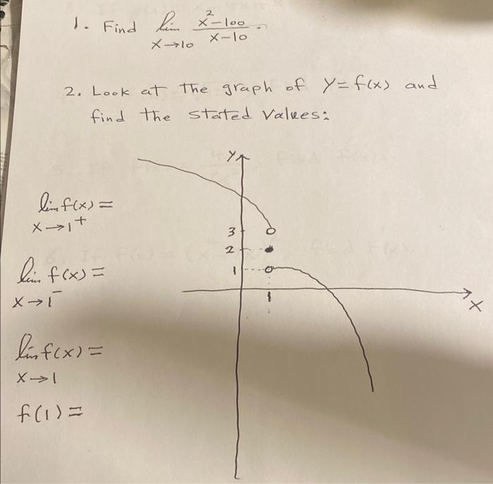 Solved 1. Find limx→10x−10x2−100. 2. Look at the graph of | Chegg.com
