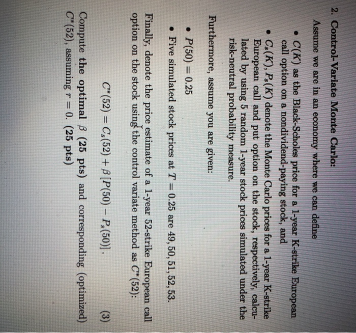 2. Control-Variate Monte Carlo: Assume we are in an | Chegg.com