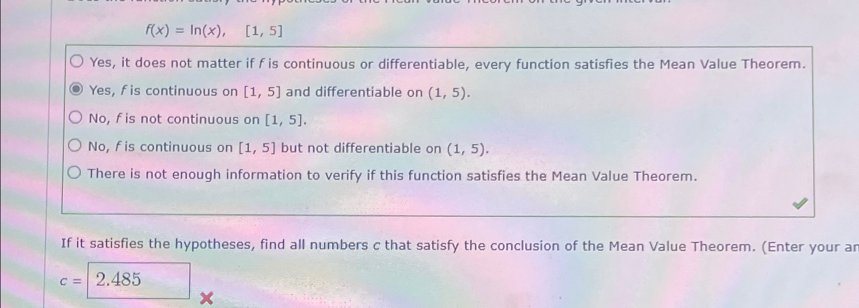 Solved f(x)=ln(x),[1,5]Yes, it does not matter if f ﻿is | Chegg.com