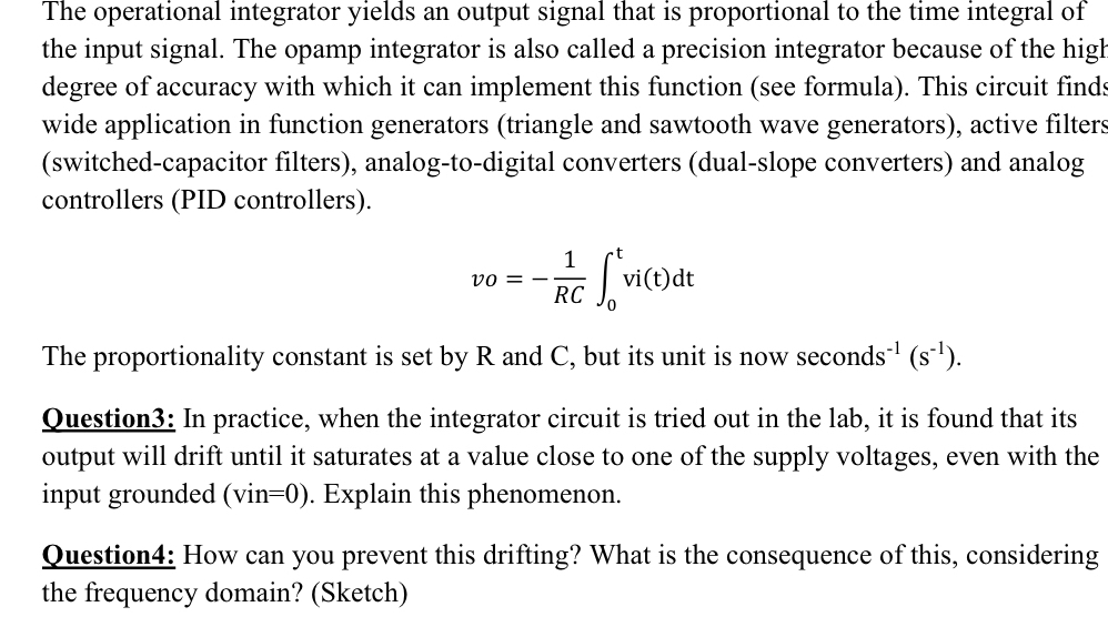 Solved The operational integrator yields an output signal | Chegg.com