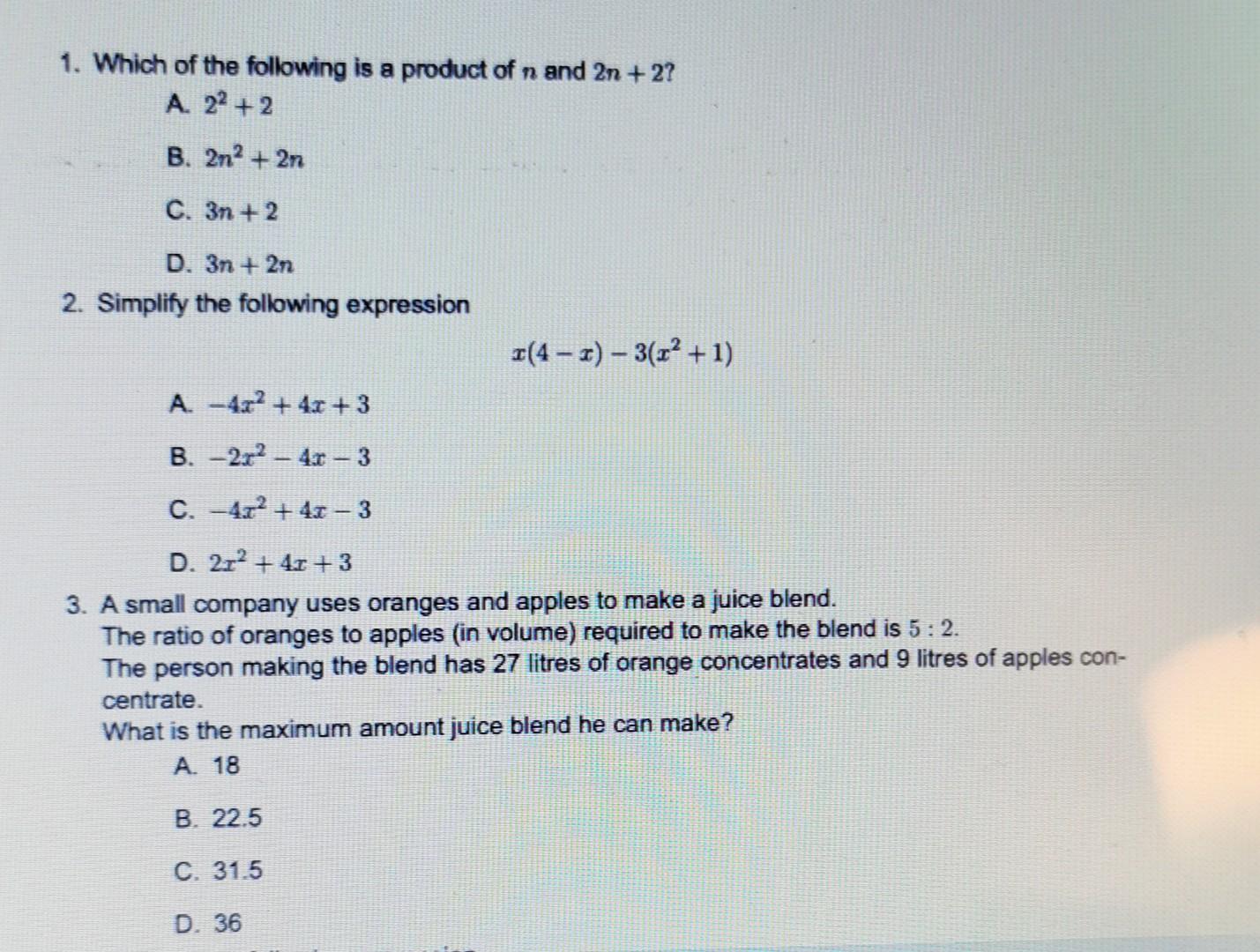Solved 1. Which of the following is a product of n and 2n+2 | Chegg.com