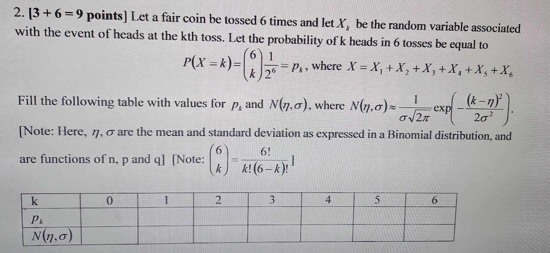 Solved 2. [3+6=9 points] Let a fair coin be tossed 6 times | Chegg.com