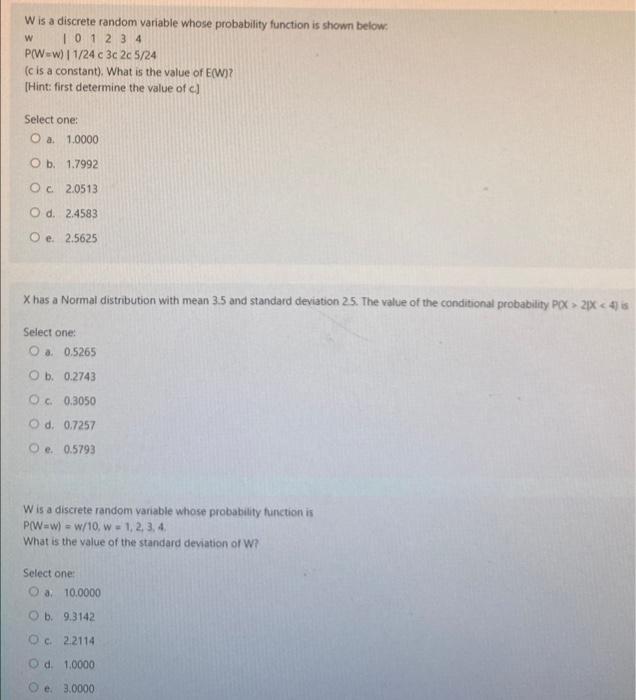 Solved W is a discrete random variable whose probability | Chegg.com