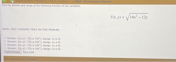 Solved Find the domain and range of the following function | Chegg.com