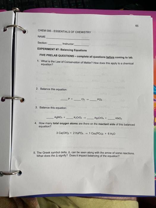 Solved 65 CHEM 095 - ESSENTIALS OF CHEMISTRY NAME Section | Chegg.com