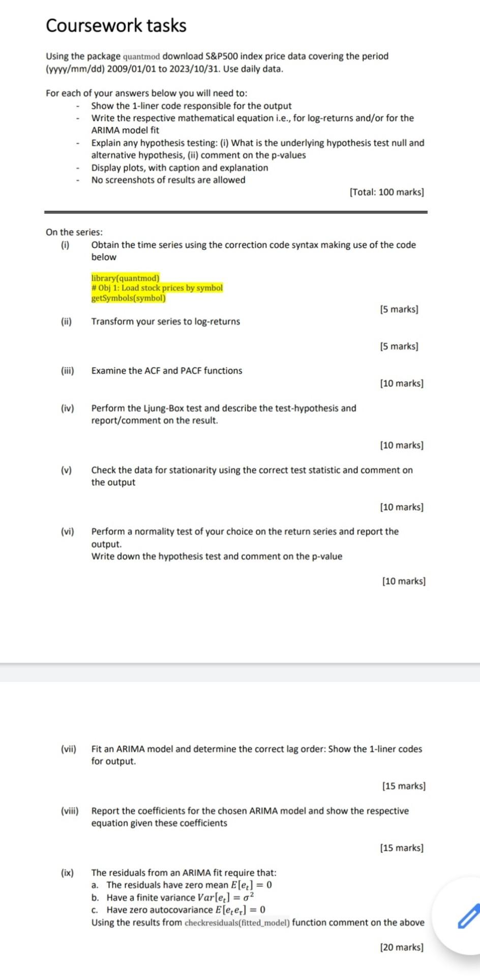 Solved Coursework tasks Using the package quantmod download | Chegg.com