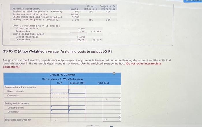 Solved QS 16−12 (Algo) Weighted average: Assigning costs to | Chegg.com