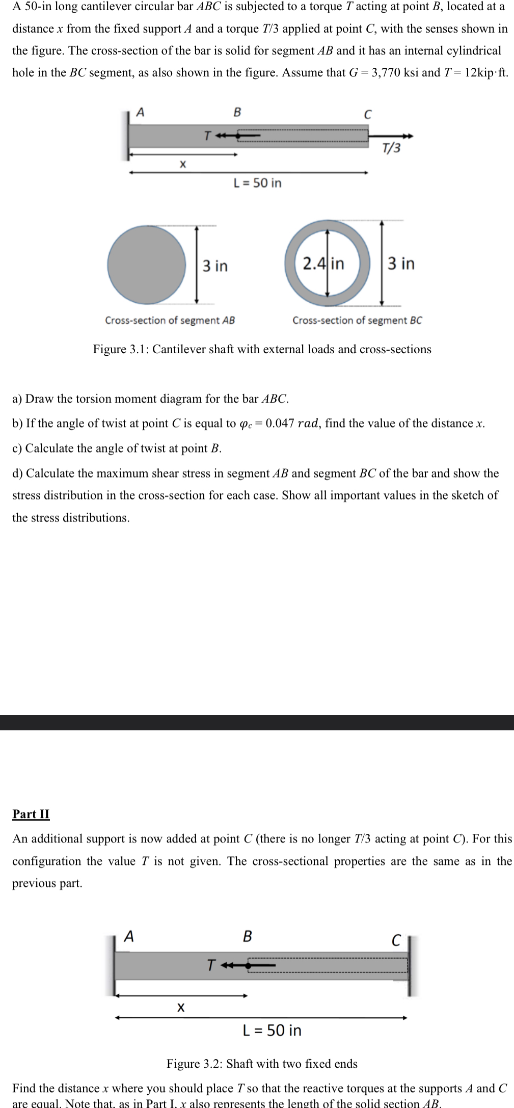 Solved A 50-in long cantilever circular bar ABC is subjected | Chegg.com