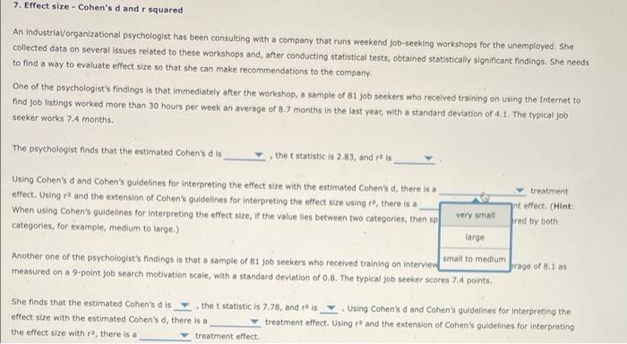 Solved 7. Effect size - Cohen's d and r squared An | Chegg.com