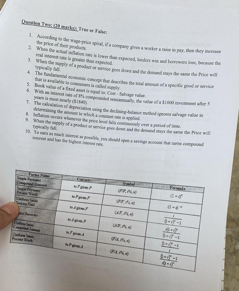 Solved Question Two: (20 ﻿marks): True or False:According to | Chegg.com