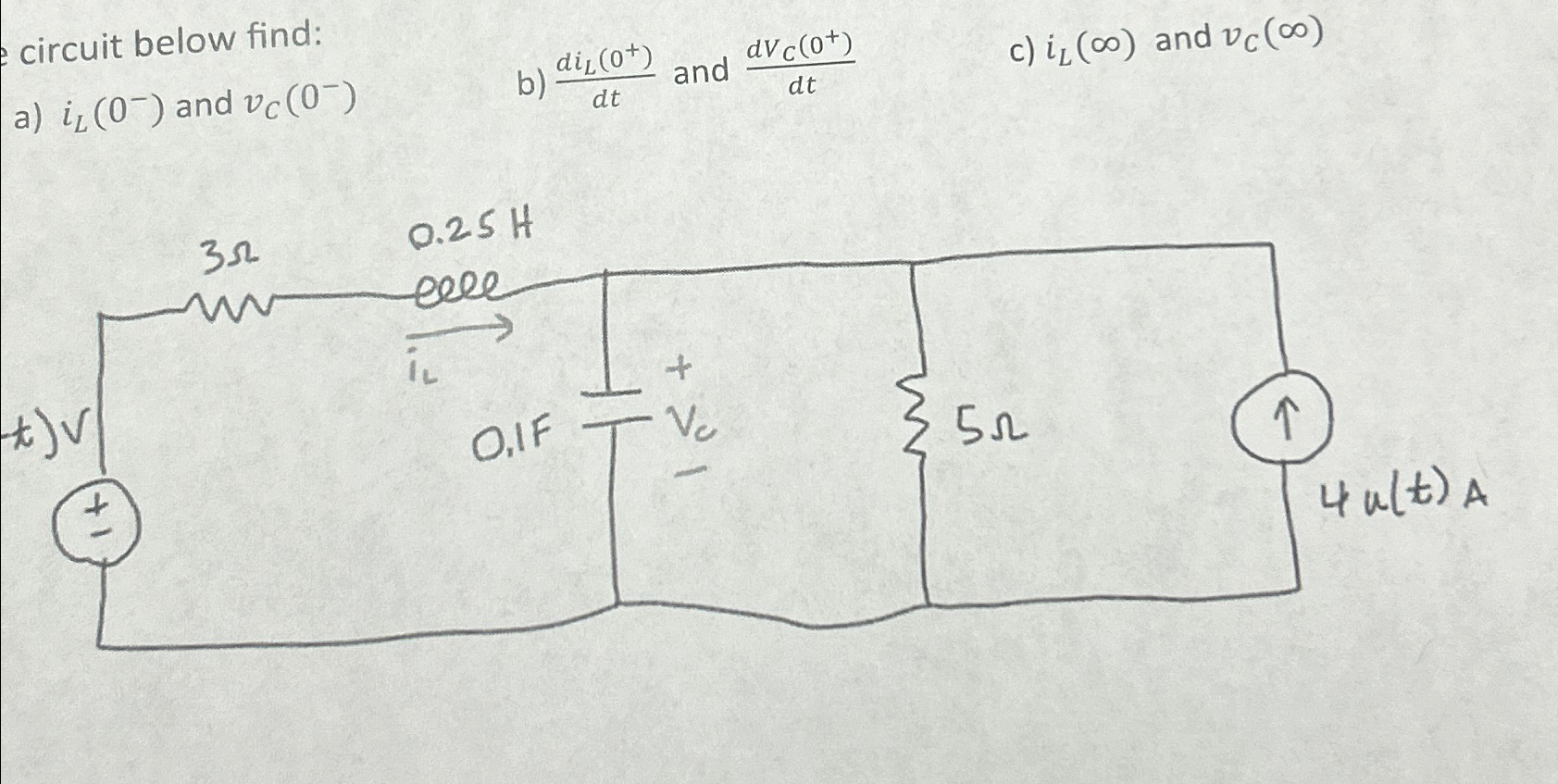 Solved circuit below find:a) iL(0-)and vC(0-)b) diL(0+)dt | Chegg.com