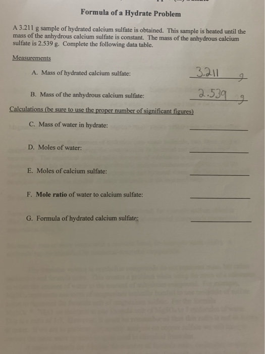 Solved Formula of a Hydrate Problem A 3.211 g sample of | Chegg.com
