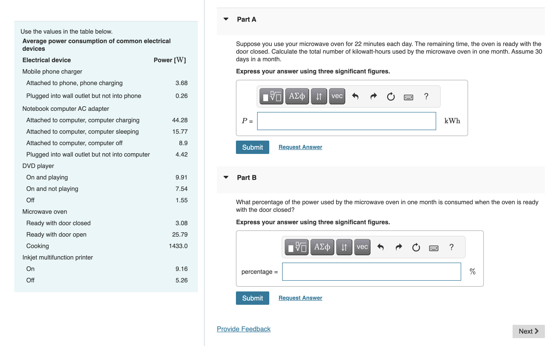 Solved Part AUse the values in the table below.Average power | Chegg.com