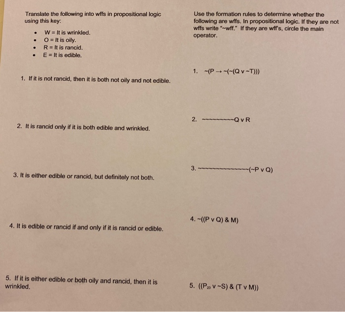 Solved Translate the following into wffs in propositional | Chegg.com