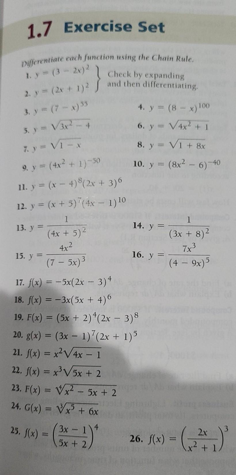 Solved 1.7 Exercise Set Differentiate cach function using | Chegg.com