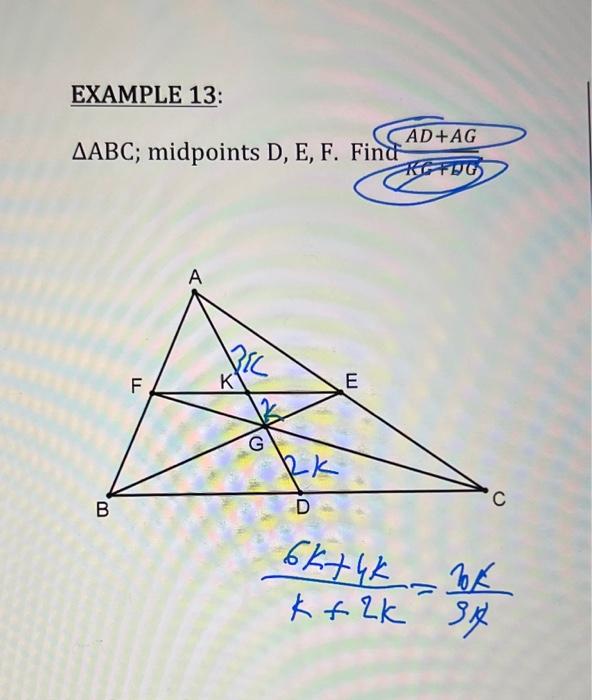 Solved ABC; midpoints D, E, F. AD+AG k+2k6k+4k=9k10k | Chegg.com
