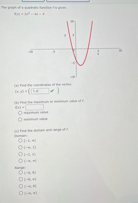 Solved The graph of a quadratic function f is given. | Chegg.com