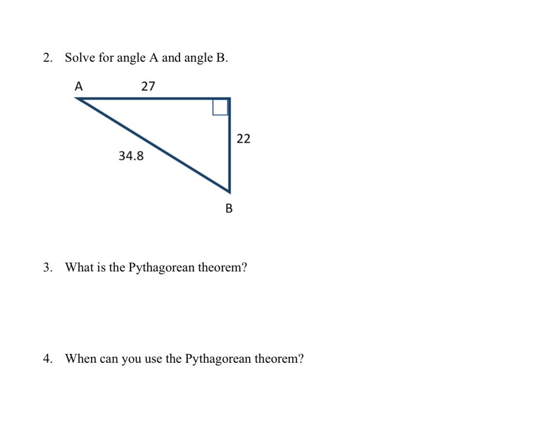 Solved Solve for angle A and angle B.What is the Pythagorean | Chegg.com