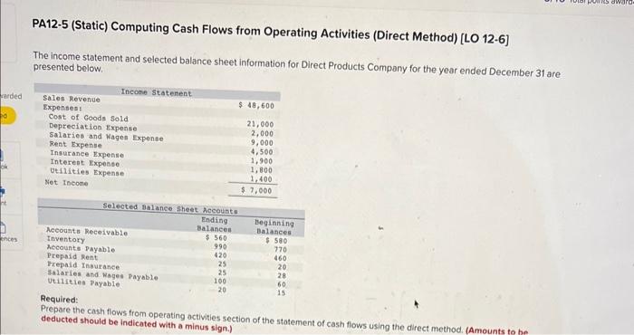 Solved PA12-5 (Static) Computing Cash Flows from Operating | Chegg.com