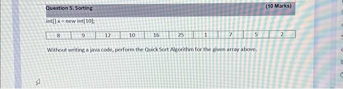 Solved Question 5. Sorting int[] x = new int[10]; 8 9 12 10 | Chegg.com