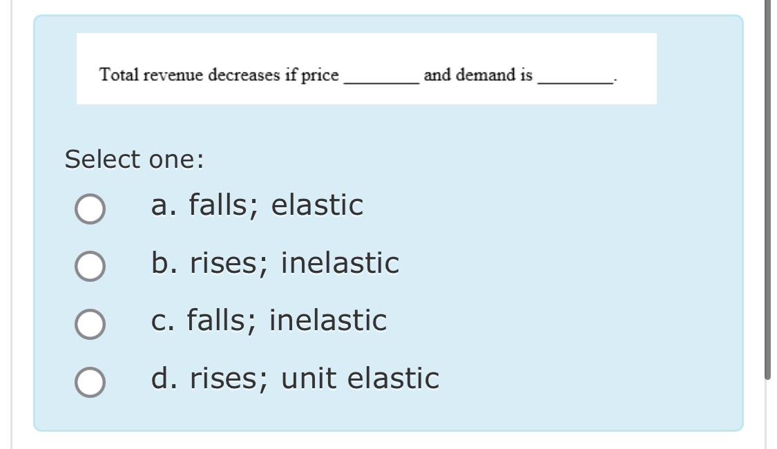 Solved Total revenue decreases if priceand demand isSelect | Chegg.com