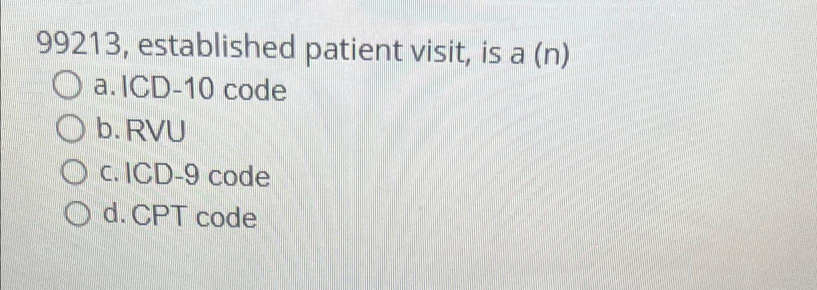 Solved 99213, ﻿established patient visit, is a ( n )a. | Chegg.com