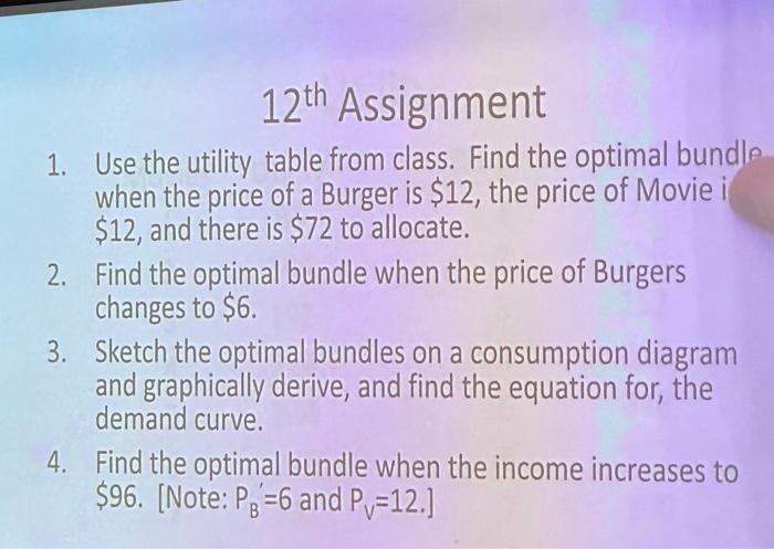 Solved 12th Assignment 1. Use the utility table from class. | Chegg.com