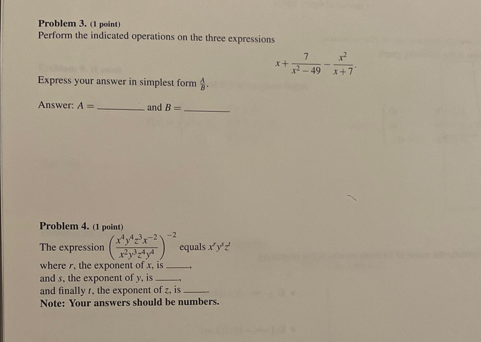 Solved Problem 3. (1 ﻿point)Perform the indicated operations | Chegg.com