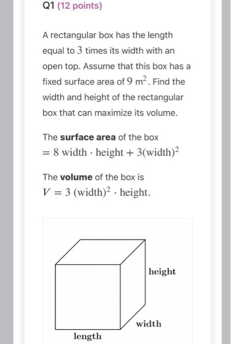 Solved Q1 (12 points) A rectangular box has the length equal | Chegg.com