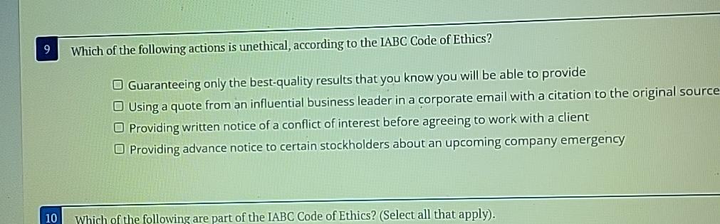 Solved 9 ﻿Which of the following actions is unethical, | Chegg.com